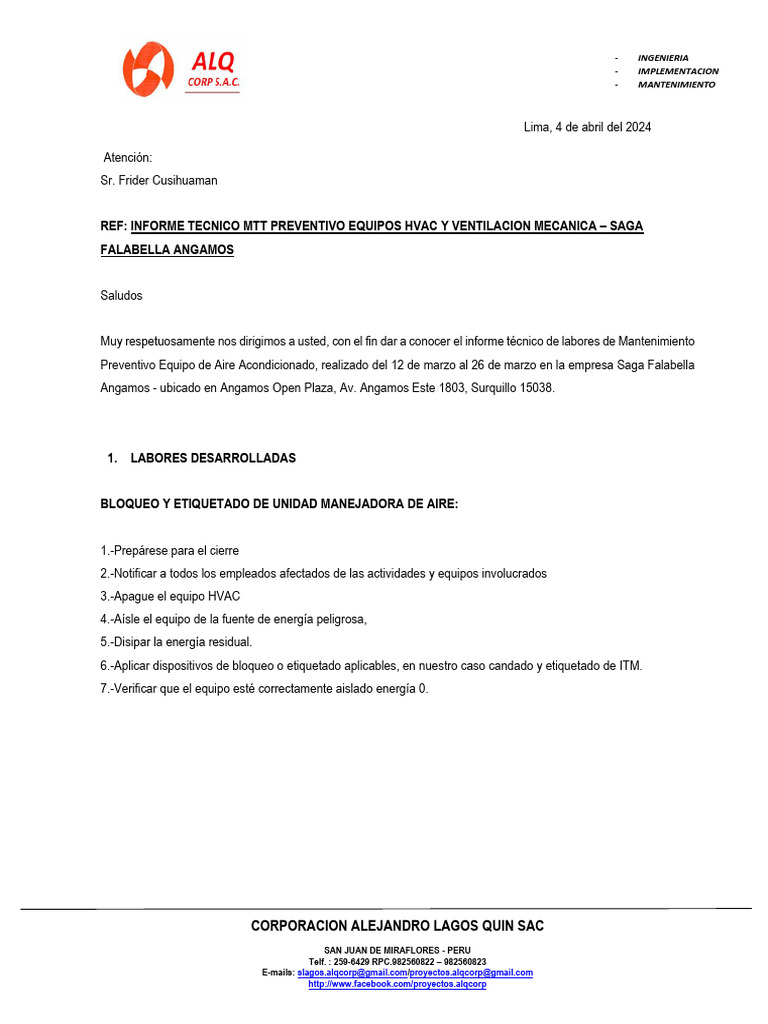 Inf. Tecnico Del MTT Prevenvio de Los Equipos Aa y VM Saga Falabella - Angamos Marzo - 2024 ...