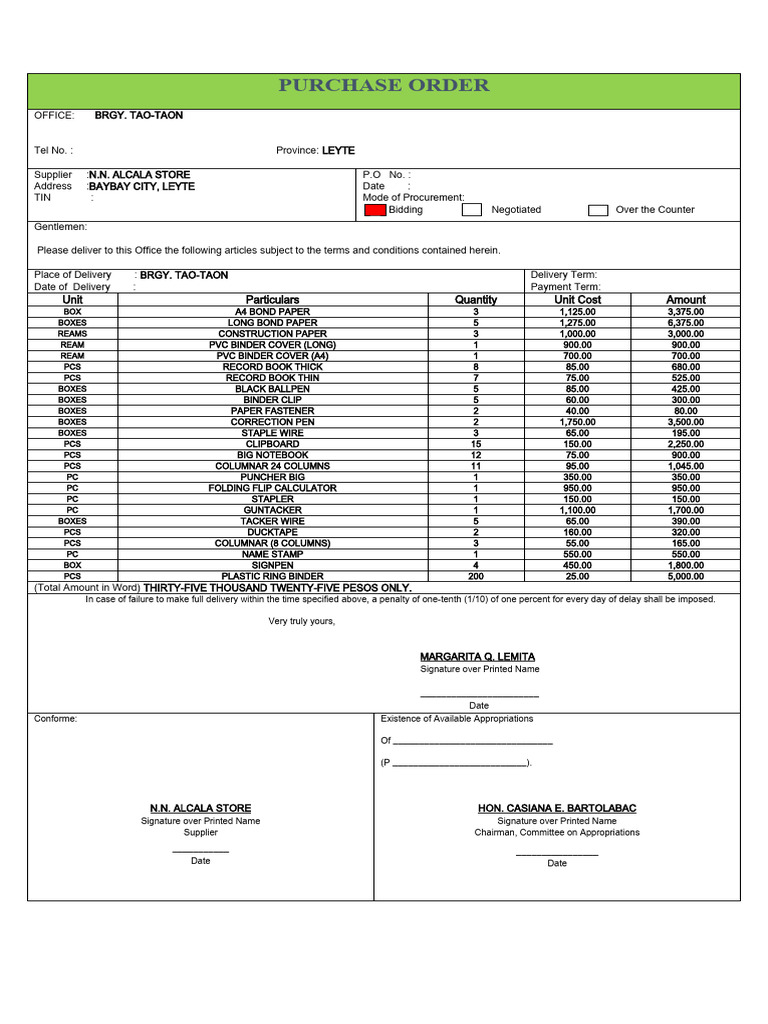 PURCHASE ORDER COPY | PDF | Stationery
