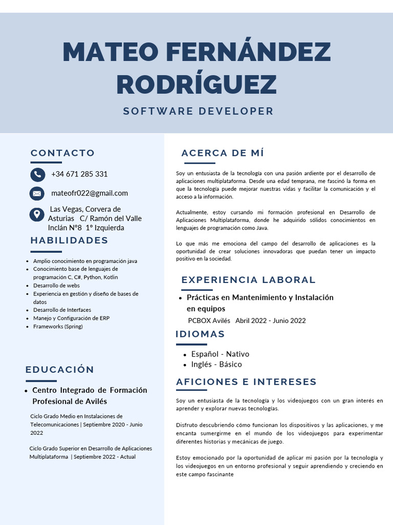 Currículum Vitae CV de Mateo Fernández Rodríguez | PDF | Software multiplataforma | Informática