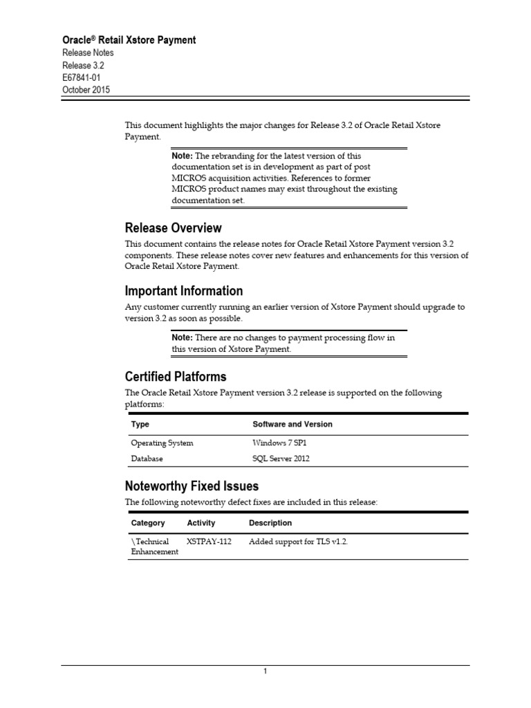 Oracle Retail Xstore Payment Release Notes - Ver3.2 - E67841-01 | PDF ...