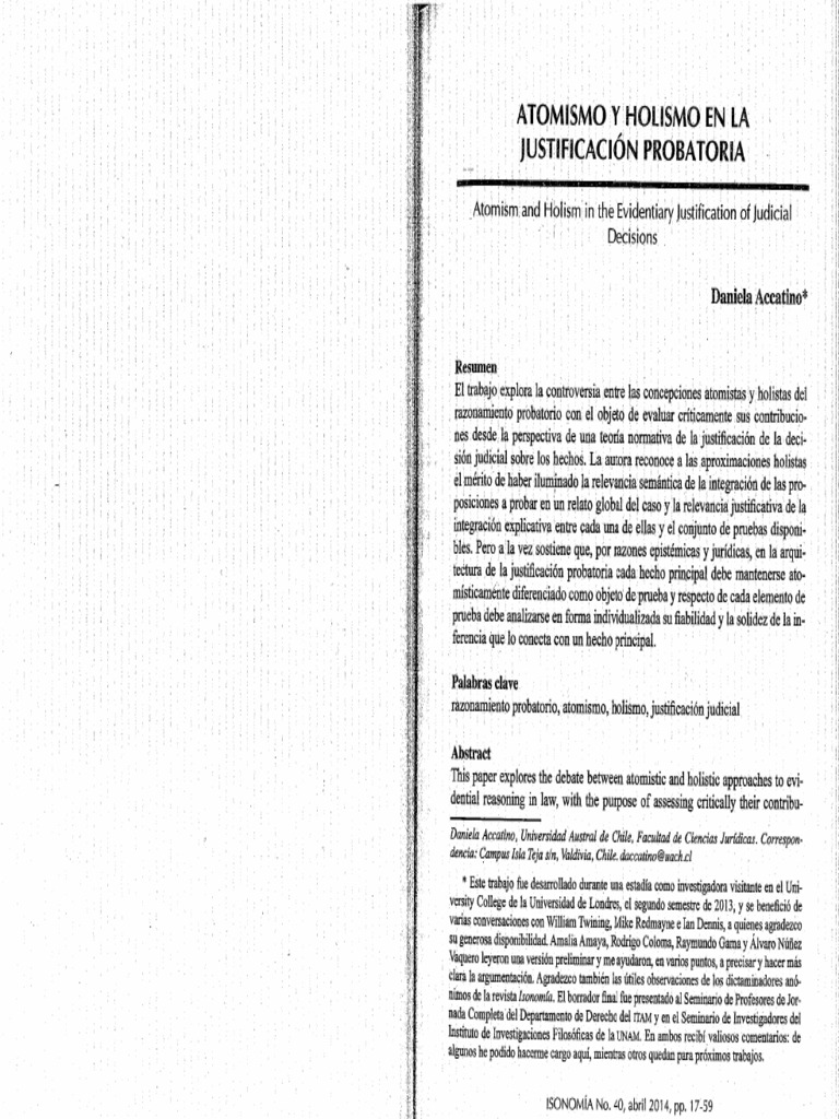 Accatino, Daniela. Atomismo y Holismo en La Justificación Probatoria | PDF