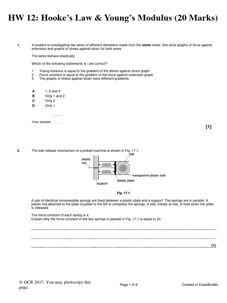 Hooke's Law and Young's Modulus Exam | PDF | Young's Modulus | Beam ...