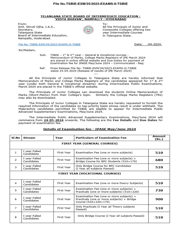 LR - To All Prls of JCs Reg Exam Fee Details With Due Dates For ASE ...