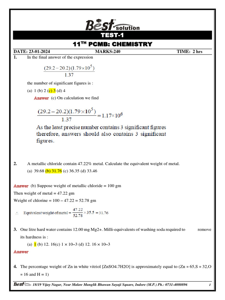 Answer Key TEST-1 24.01.2023 11th PCMB CHEMISTRY Full Syllabus Mock ...