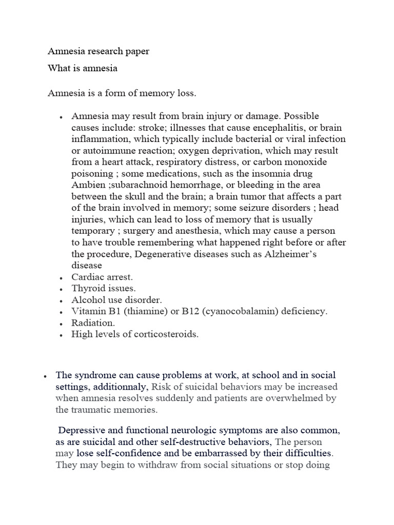 Amnesia Research Paper | Download Free PDF | Amnesia | Memory