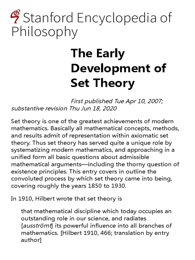 The Early Development of Set Theory (Stanford Encyclopedia of ...