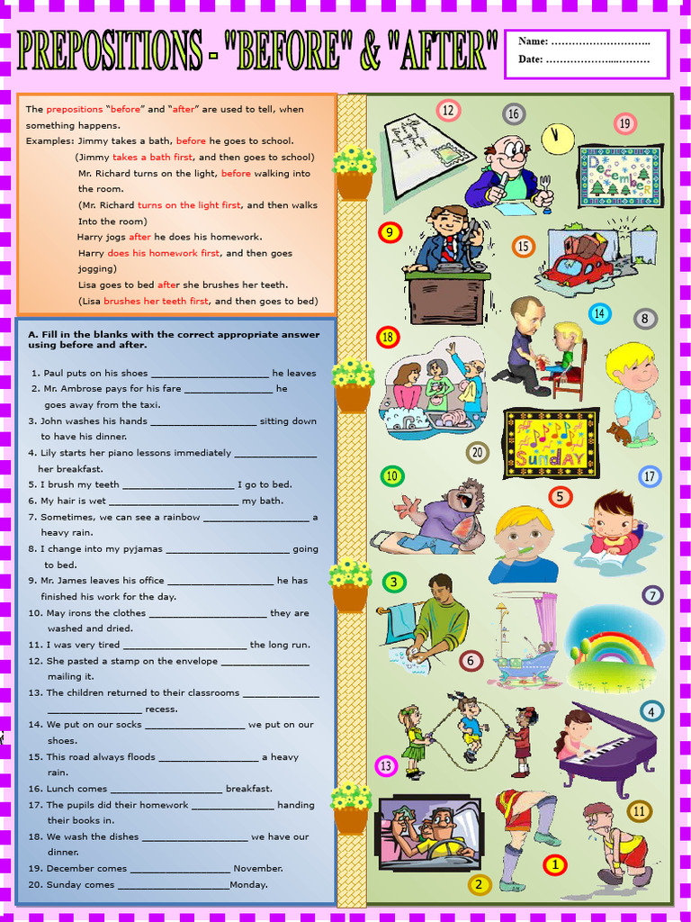 Before and After Grammar Worksheet | PDF