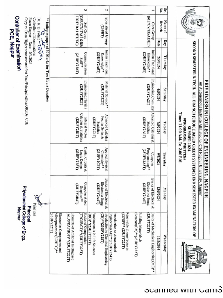 End Sem Time Table | PDF