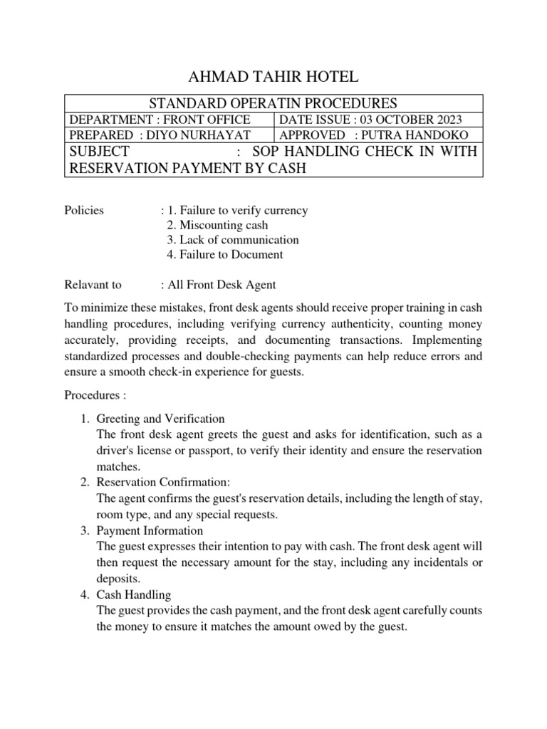 Cash Payment Check-In SOP for Hotels | PDF | Cash | Money