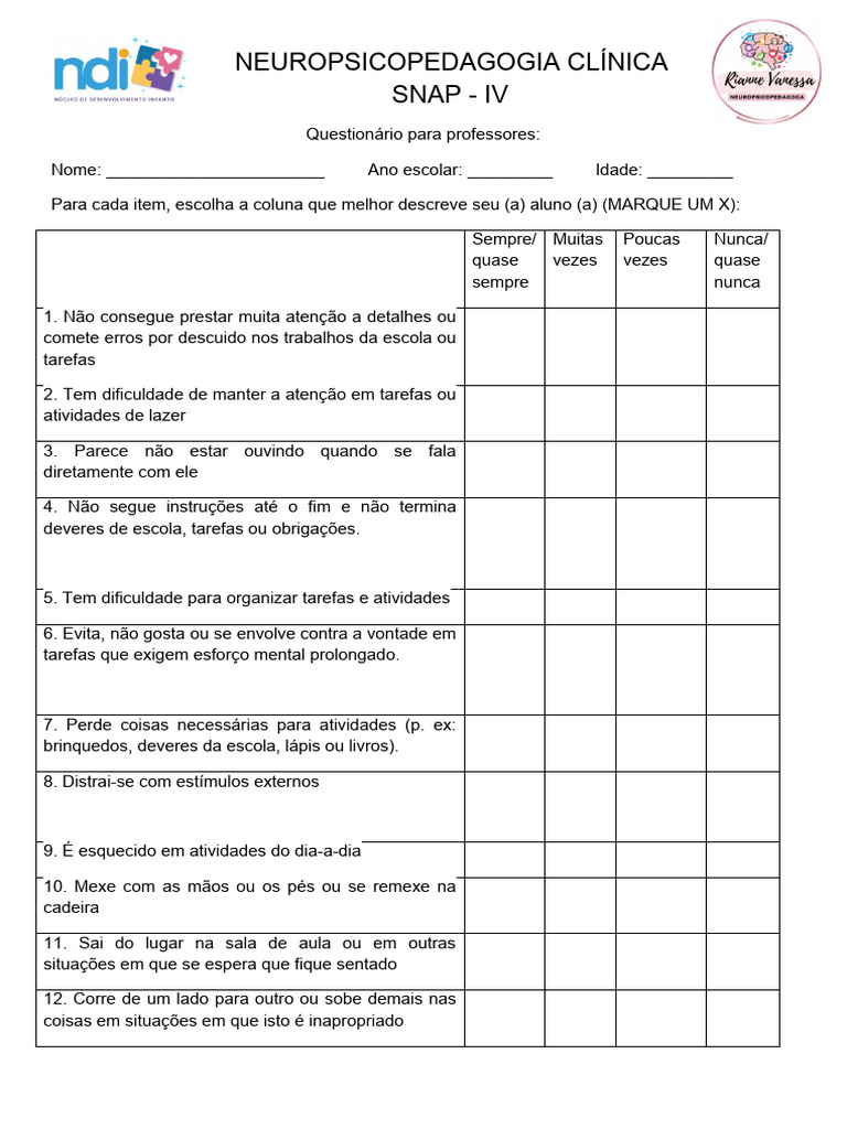 Questionário SNAP-IV para Professores | PDF