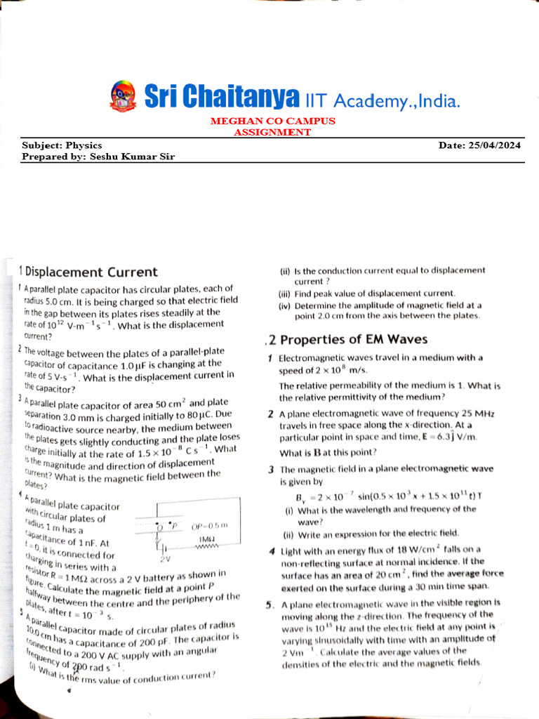 PHYSICS ASSIGNMENT 25-04-2024 | PDF | Waves | Electromagnetic Radiation