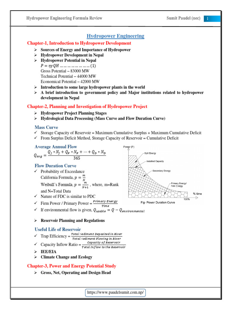Hydropower Engineering Formula Review | PDF | Spillway | Civil Engineering