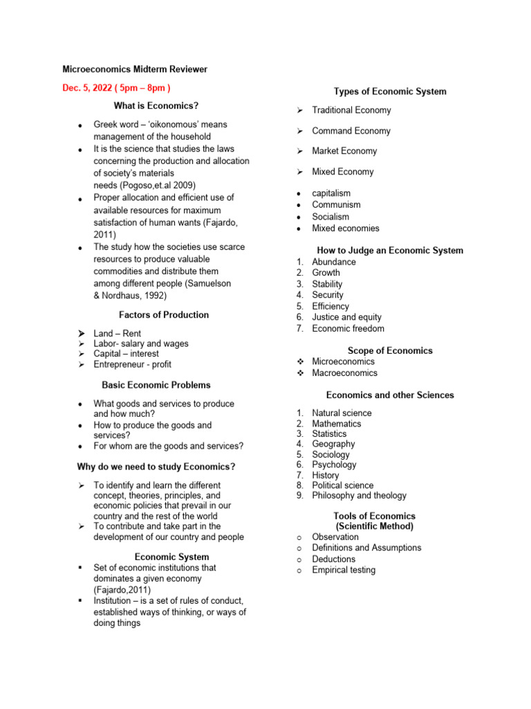 Microeconomics Midterm Reviewer | PDF | Economics | Economic System