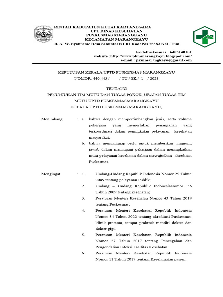 5.1.1.1 SK TIM MUTU N TUGAS POKOK N URAIAN TUGAS AKRED PKM PERANGAT New 2023 | PDF