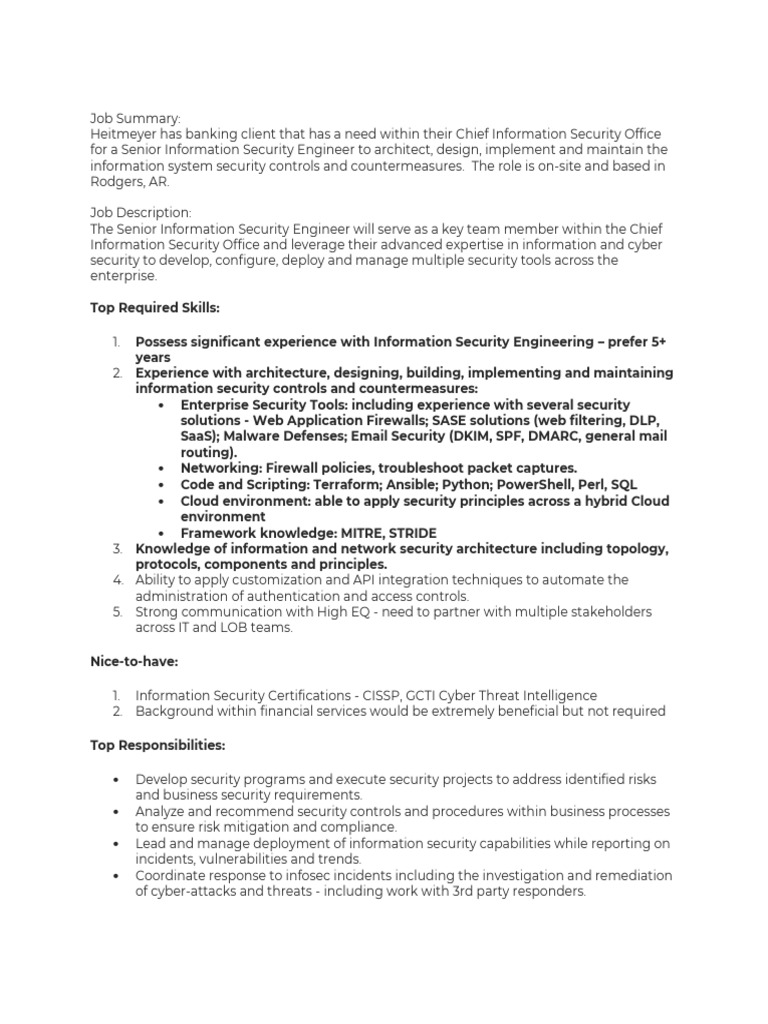 Senior Info Sec Engineer | PDF | Security | Computer Security