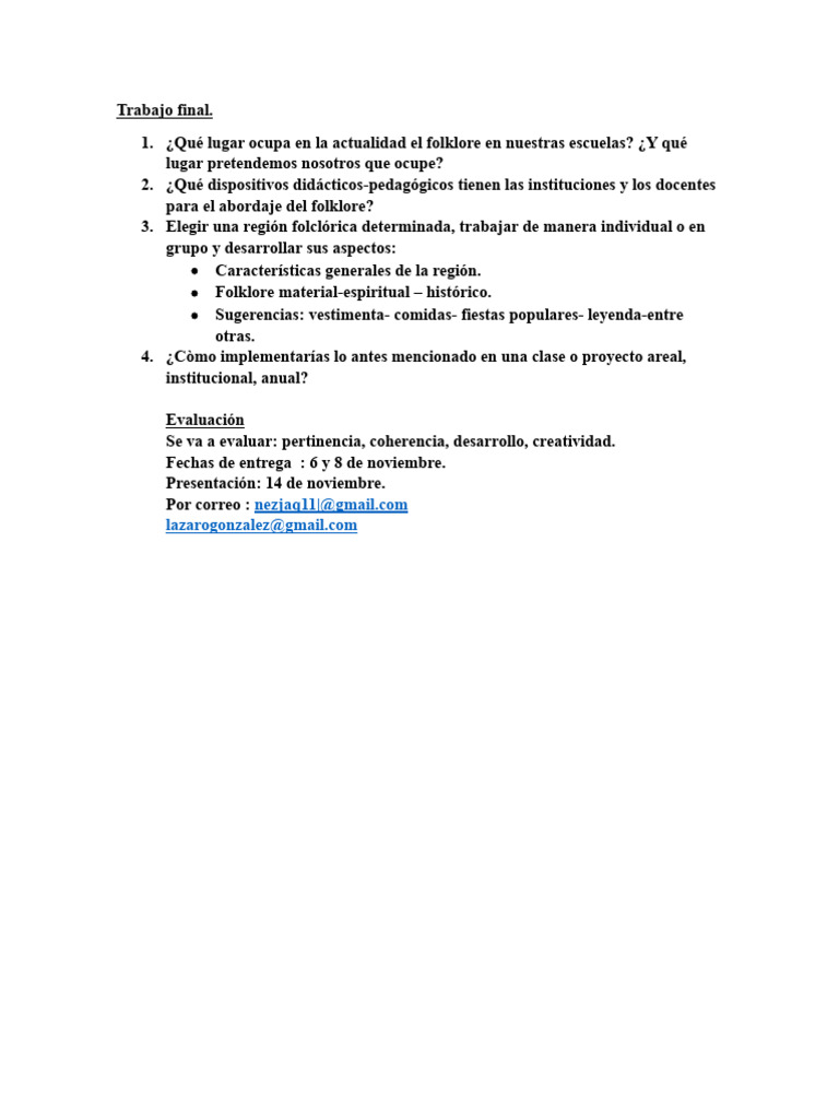 Trabajo Final Folklore en La Escuela 2023 | PDF