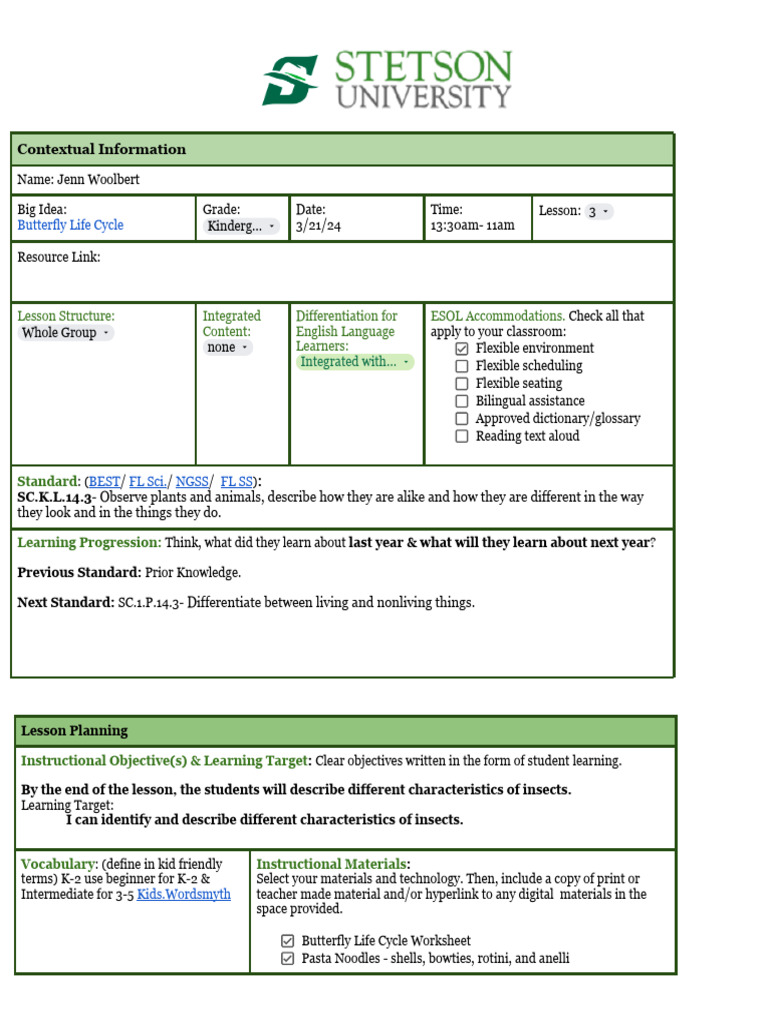 Butterfly Life Cycle Lesson Plan for K-2 | PDF | Butterfly | Life Cycle Assessment