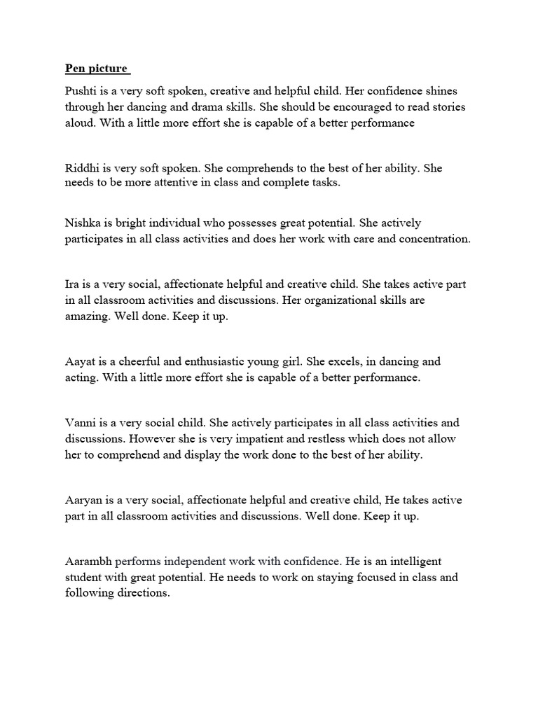 Pen Picture Final | Download Free PDF | Behavioural Sciences ...