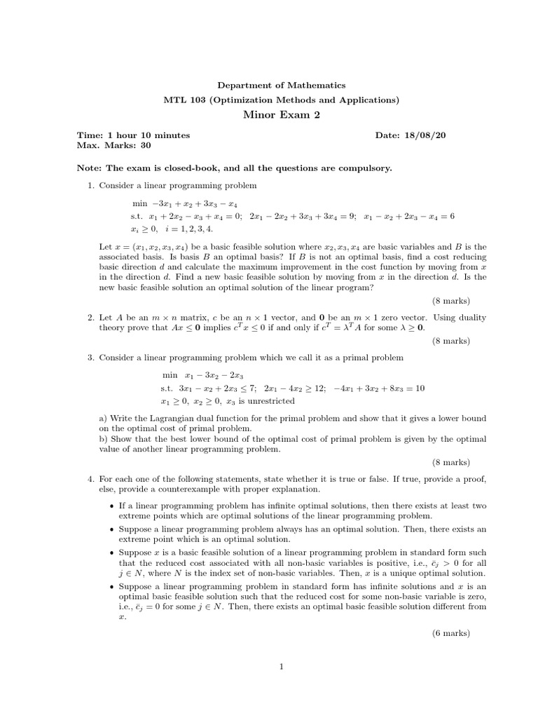 [Spring19]-MTL103-Minor2 | PDF | Linear Programming | Mathematics Of ...