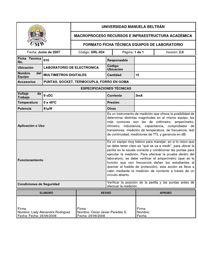 Ejemplo Ficha Tecnica de Equipo | Descargar gratis PDF | Ingeniería Electrónica | Electricidad