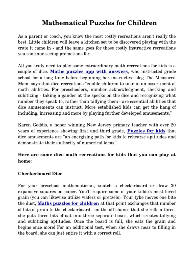 Mathematical Puzzles For Children | PDF | Mathematics