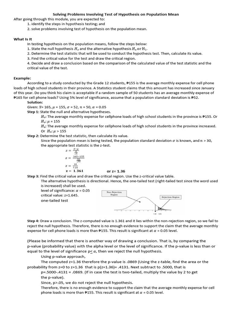 Solving Problems Involving Test of Hypothesis On Population Mean | PDF ...