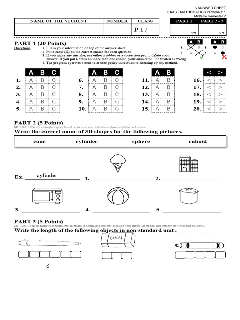 Answer Sheet.midterm 2.2023 p1 Exact Math (Main Test) | PDF | Shape ...