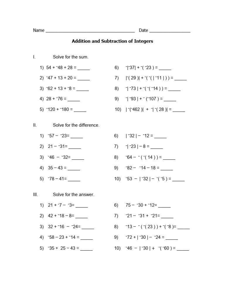 Integer Addition and Subtraction Worksheet | PDF | Mathematics | Arithmetic