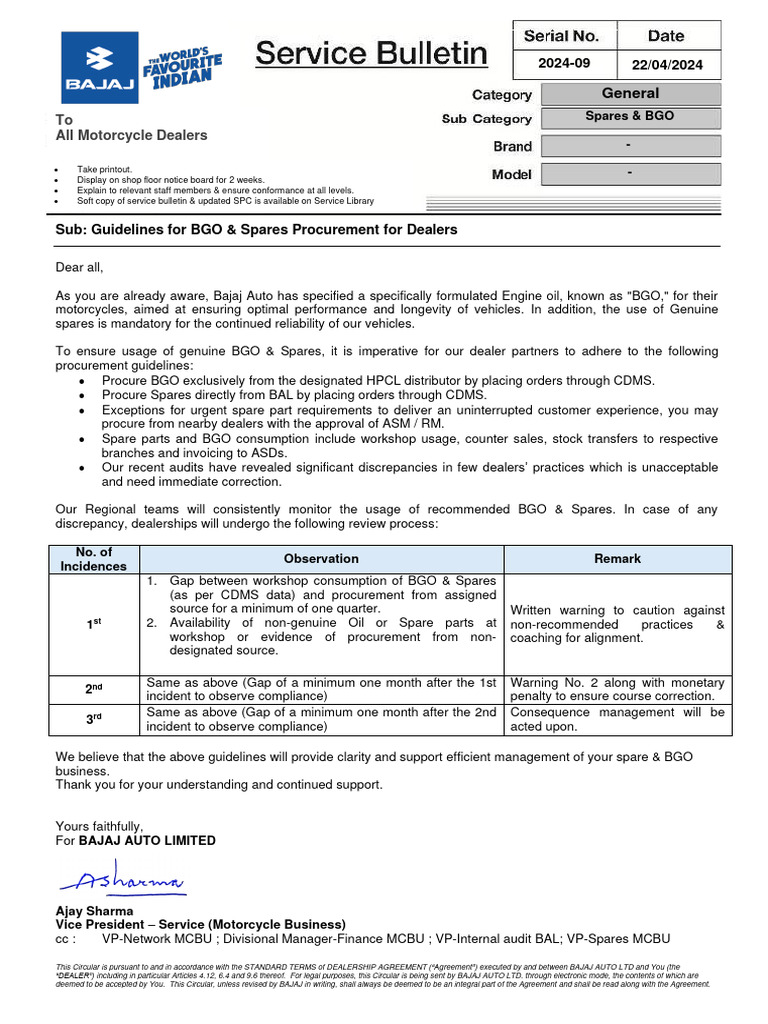 Motorcycle Service Bulletin 2024-09 Guidelines For BGO Spares Procurement For Dealers | PDF