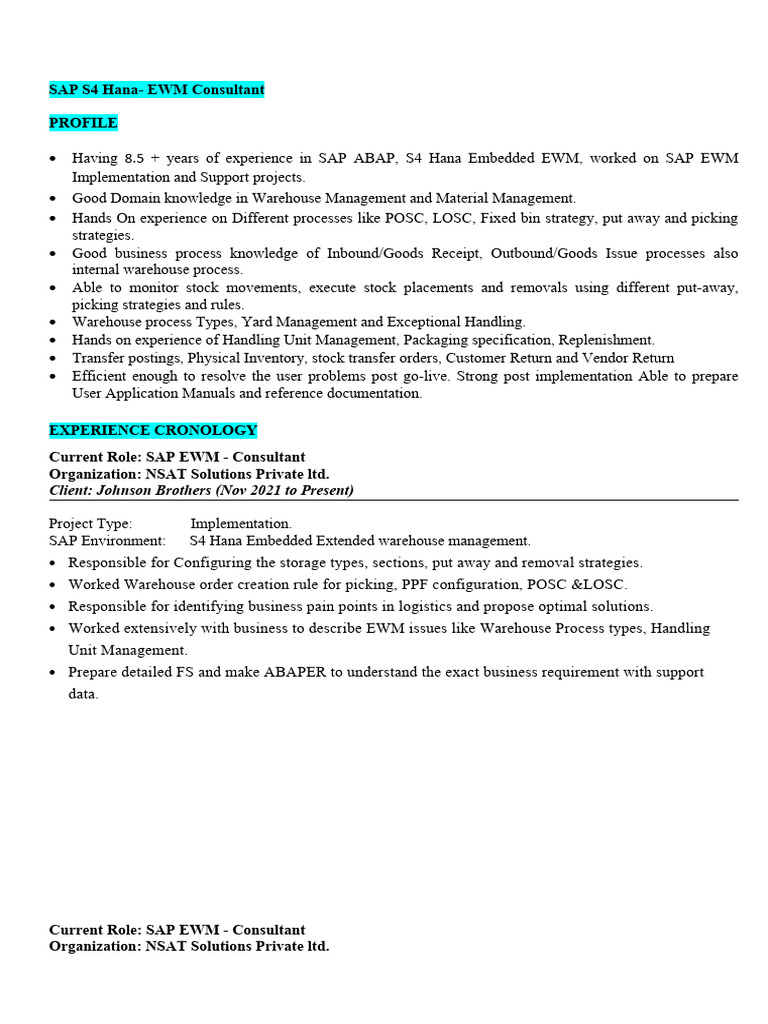 Sap-Ewm Resume | Download Free PDF | Warehouse | Logistics