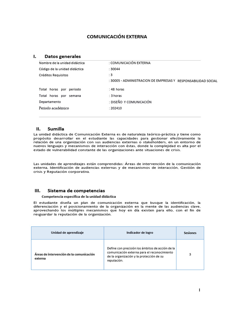 Silabo Comunicación Externa | PDF | Evaluación | Aprendizaje