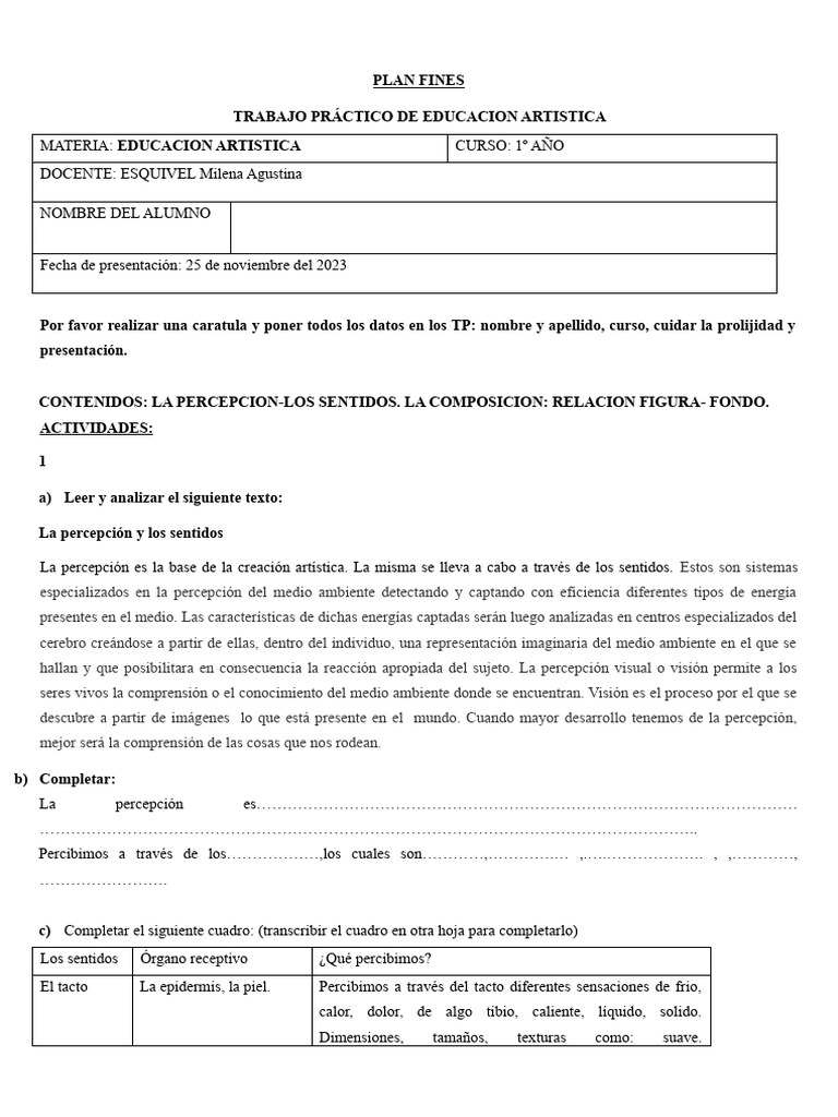 TP Artistica 1er Año - Fines | PDF | Percepción | Percepción visual TP Artistica 1er Año - Fines | PDF | Percepción | Percepción visual
