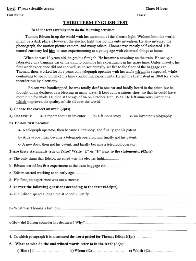 1 Year S Test 3 A & B | PDF | Thomas Edison | Invention