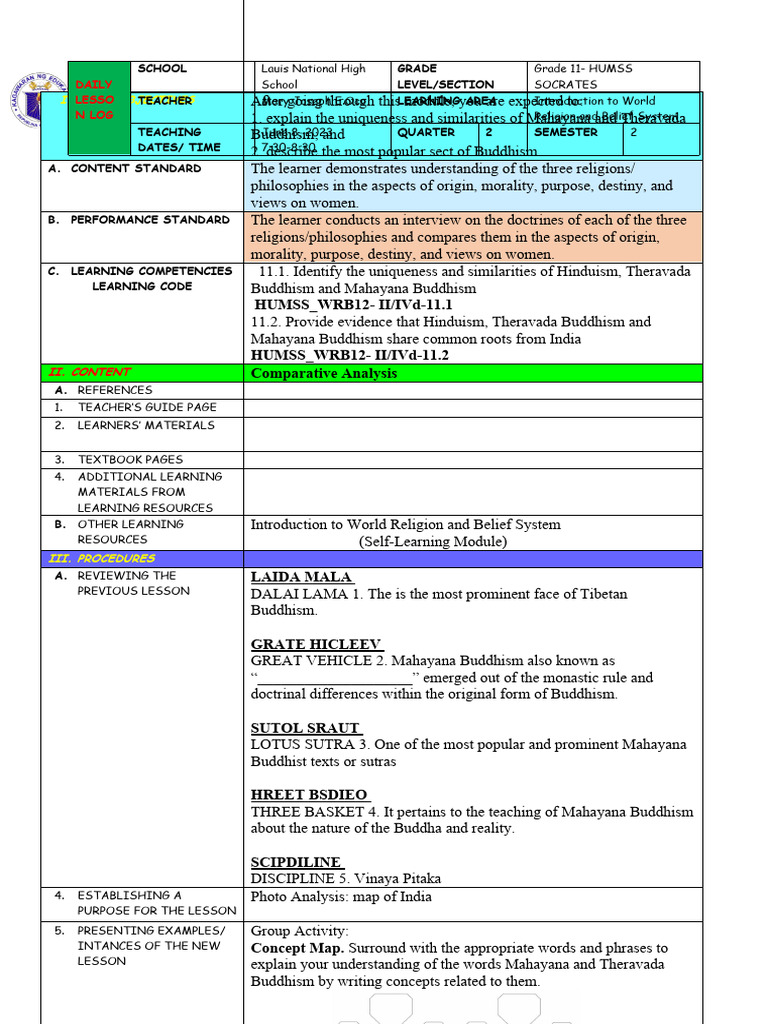 Daily Lesson Log Introduction To World Religion and Belief System For ...