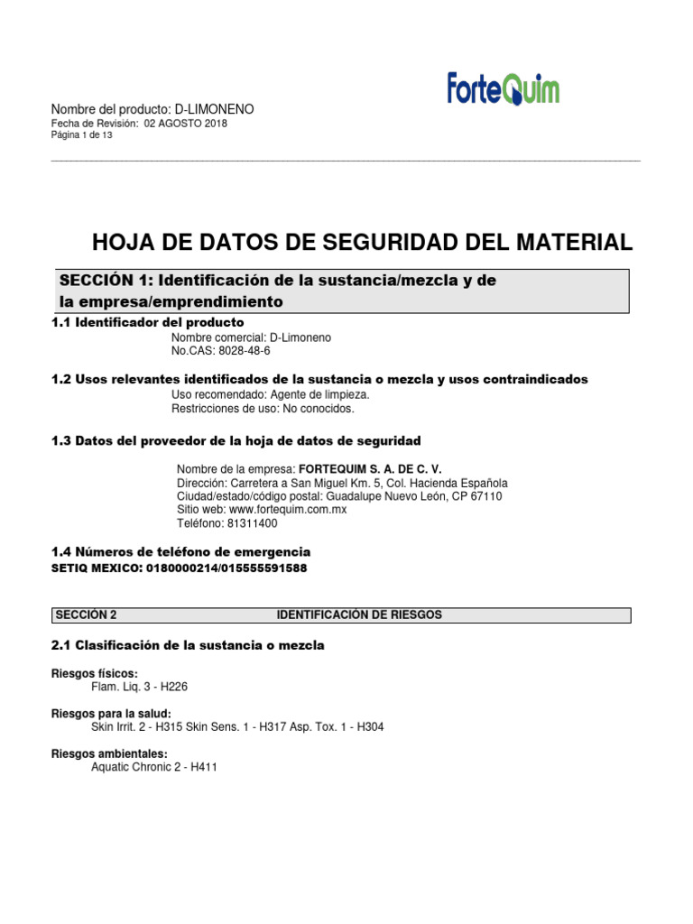 d Limoneno Ghs | PDF | Agua | Residuos