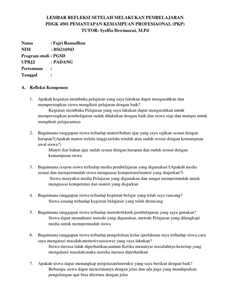 Refleksi Pembelajaran PKP PGSD | PDF