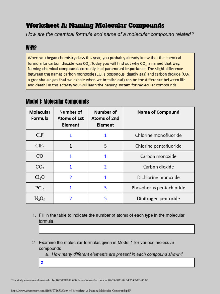 Naming Molecular Formula Worksheet