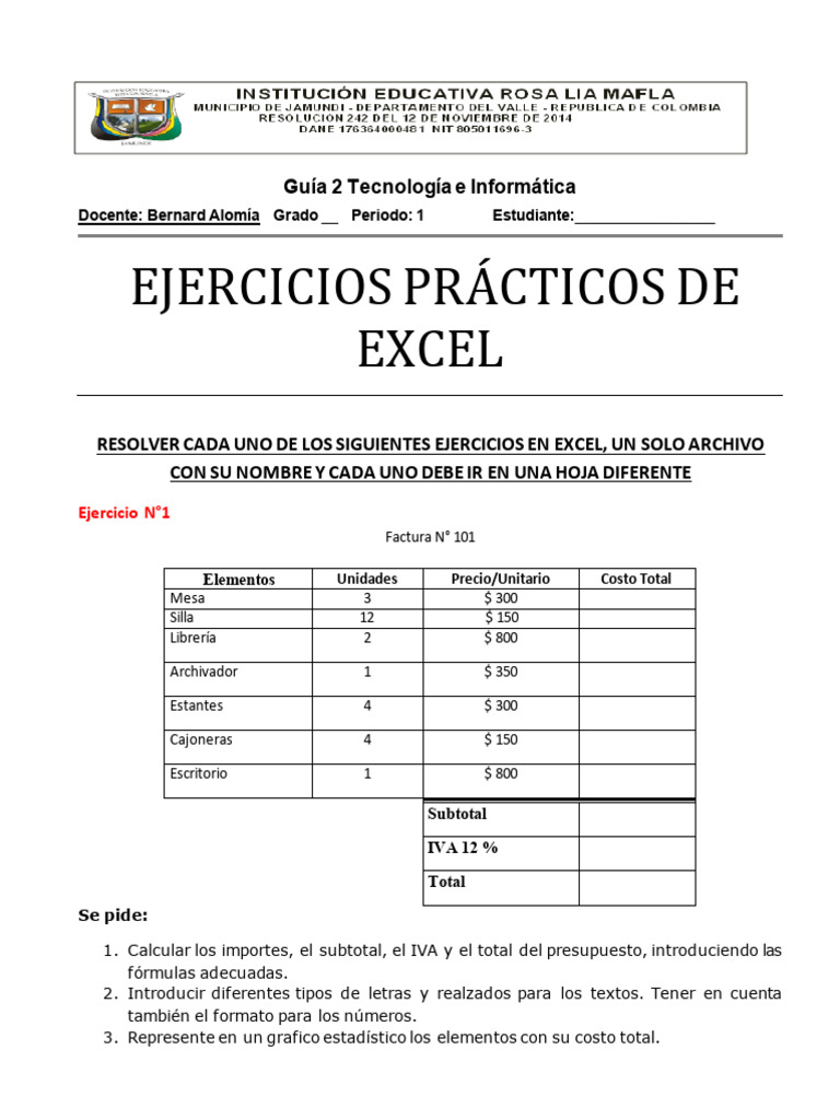Guia 2 Tecnología Grado 10 Practica Excel 2024 | Descargar gratis PDF | Microsoft Excel | Hoja ...