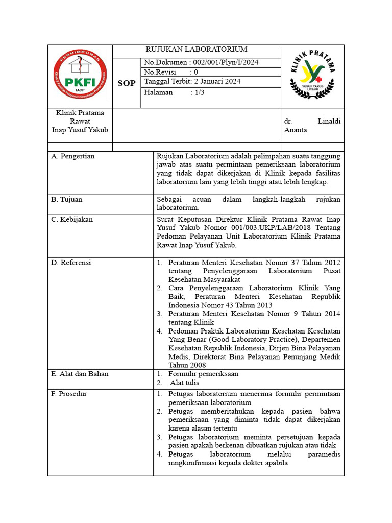 Sop Rujukan Lab | PDF