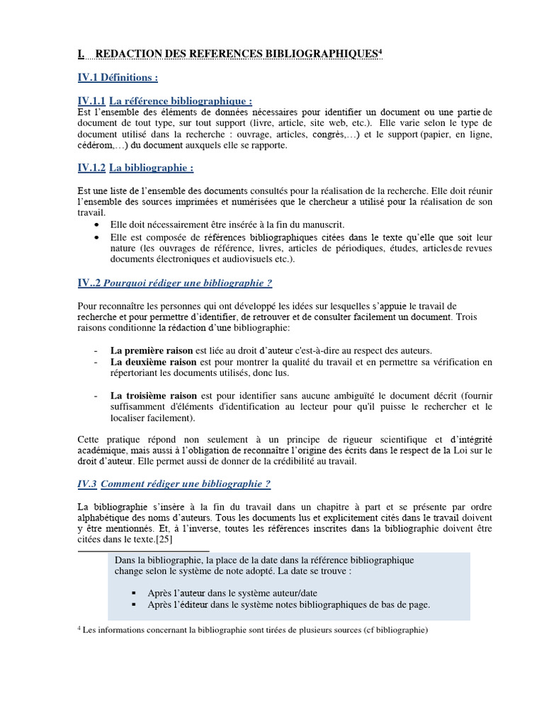 IV.1 Définitions: IV.1.1 La Référence Bibliographique:: I. Redaction ...