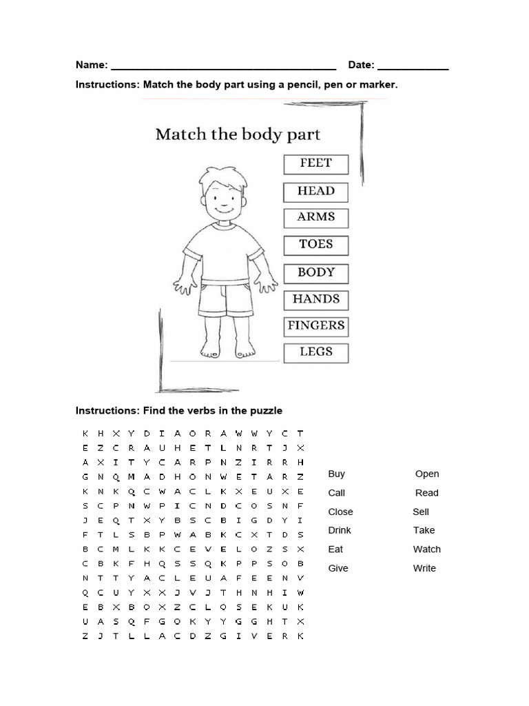 Body Parts and Verbs Puzzle | PDF