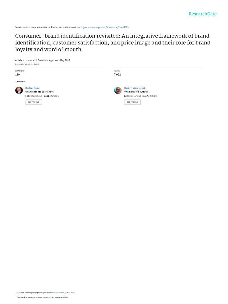 Popp Woratschek 2017 Consumer Brand Identification Revisited Manuscript Pdf Brand Customer