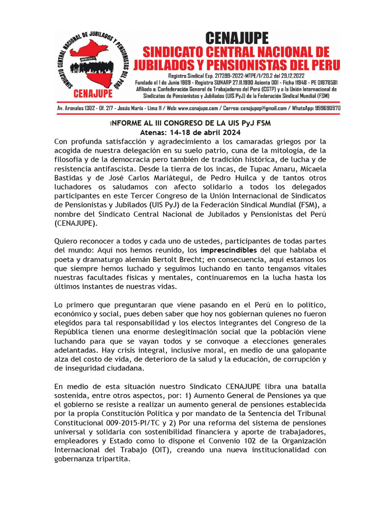 INFORME DE CENAJUPE - PERU AL TERCER CONGRESO DE LA UIS PyJ DE LA FSM | PDF | Costo de la vida ...