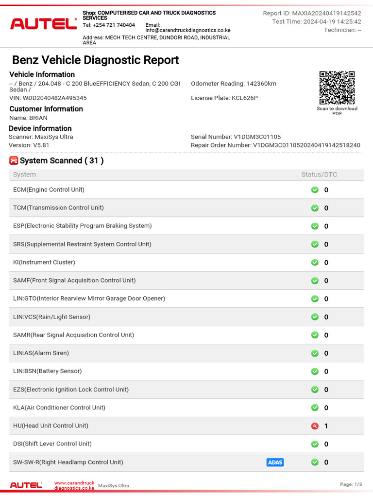 Benz Vehicle Diagnostic Report 45 20240419142mmm Download Free Pdf 