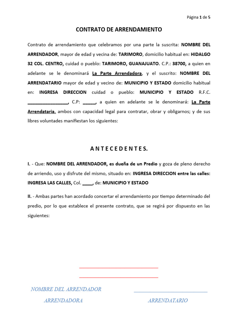 Machote - Contrato de Arrendamiento Predio | PDF