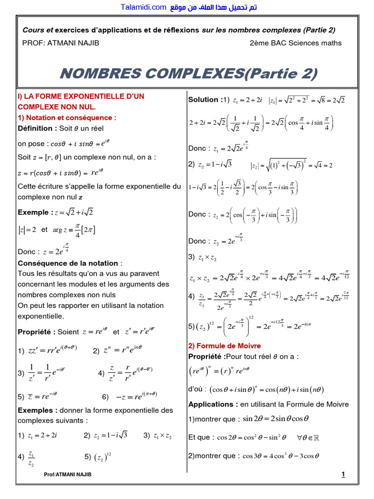 Nombres Complexes 2 Cours Et Exercices Corriges | Download Free PDF | Nombre complexe | Racine ...