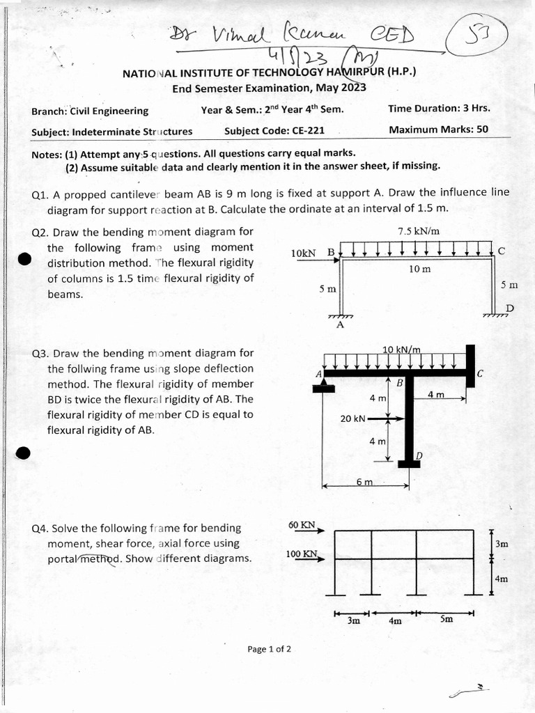 Indeterminate Structure Pyq End Sem 2023 | PDF | Bending | Applied And Interdisciplinary Physics