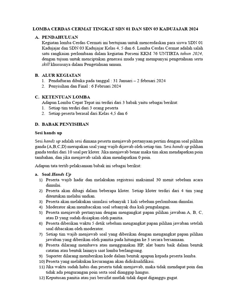Ketentuan Lomba Cerdas Cermat Tingkat SD | PDF