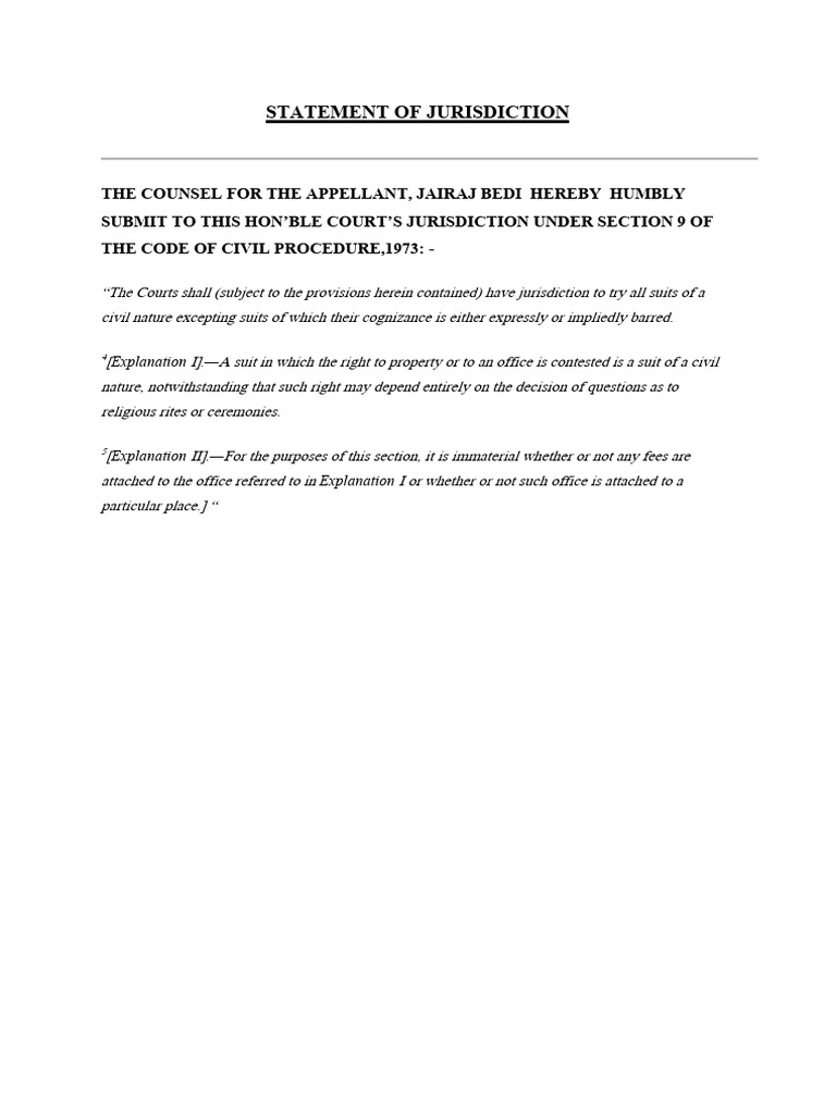 Jurisdiction Statement for Civil Suits | PDF