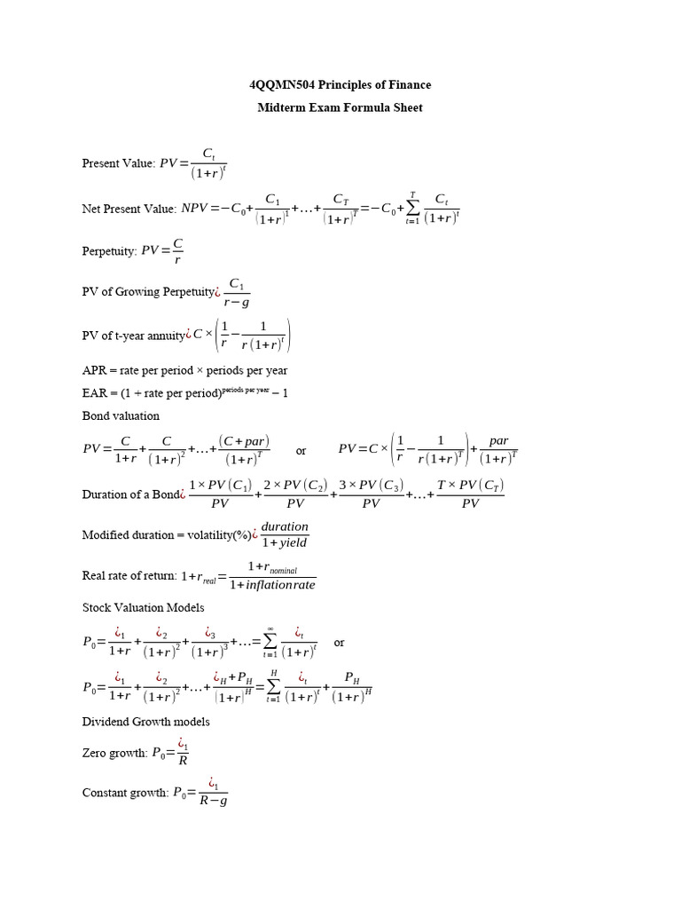 Formula Sheet | PDF | Bond Duration | Present Value